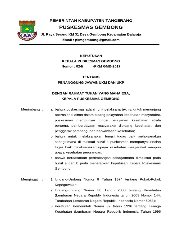 SK Penanggung Jawab UKM Dan UKP | PDF