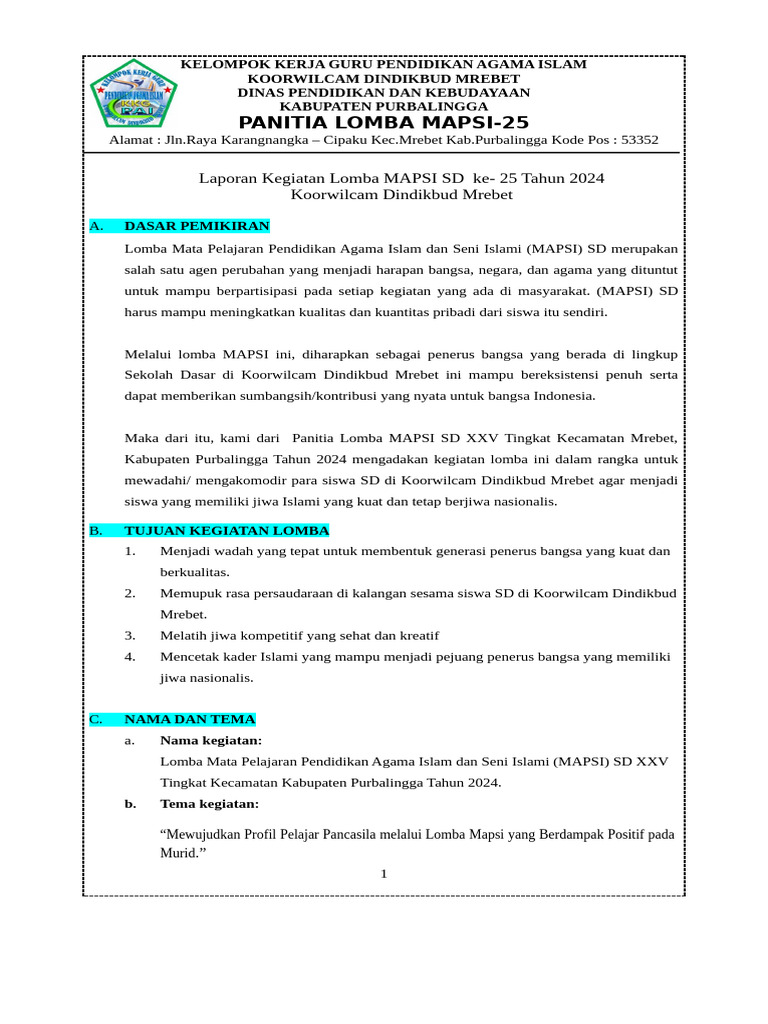 LAPORAN PANITIA MAPSI - 25 Th.2024 (UPACARA PEMBUKAAN) | PDF