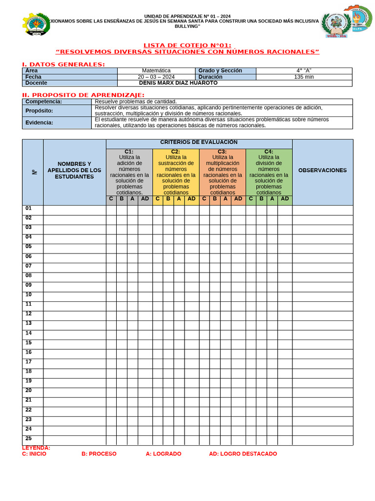 Lista de Cotejo 1-4to-Ua1-2024 | PDF
