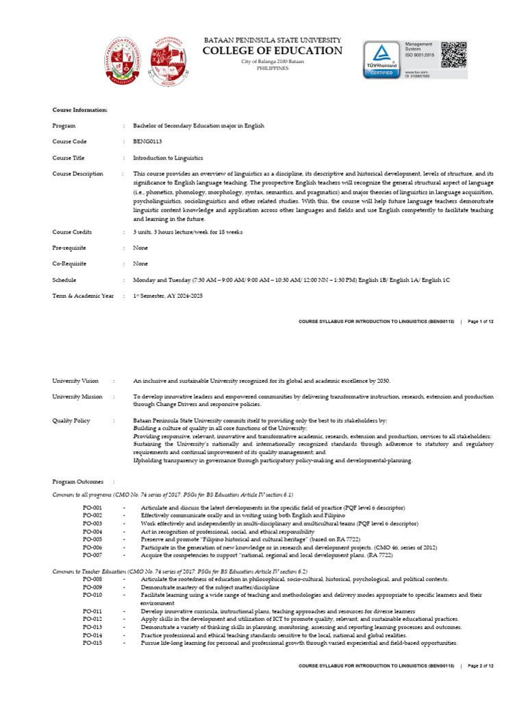 Introduction To Linguistics BENG0113 Syllabus | PDF
