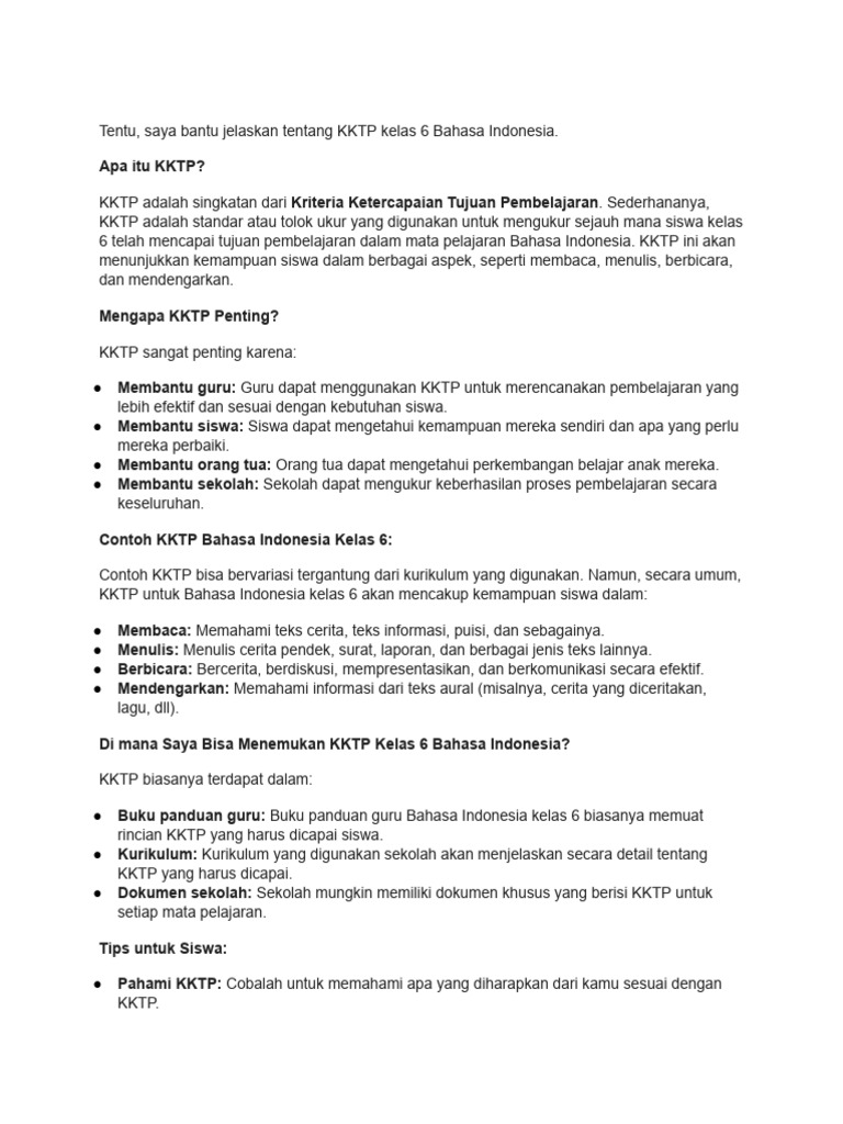 KKTP Kelas 6 Bahasa Indonesia | PDF
