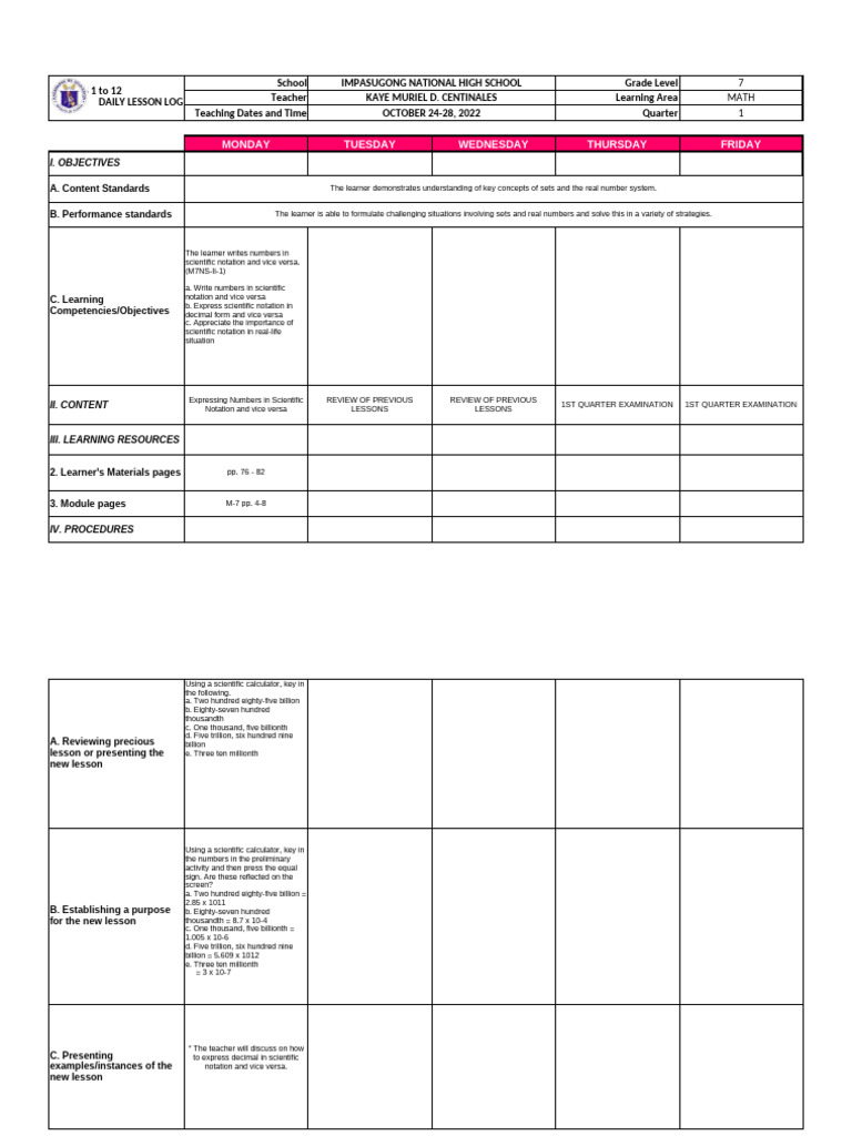 DLL Math 7 10th Week | PDF