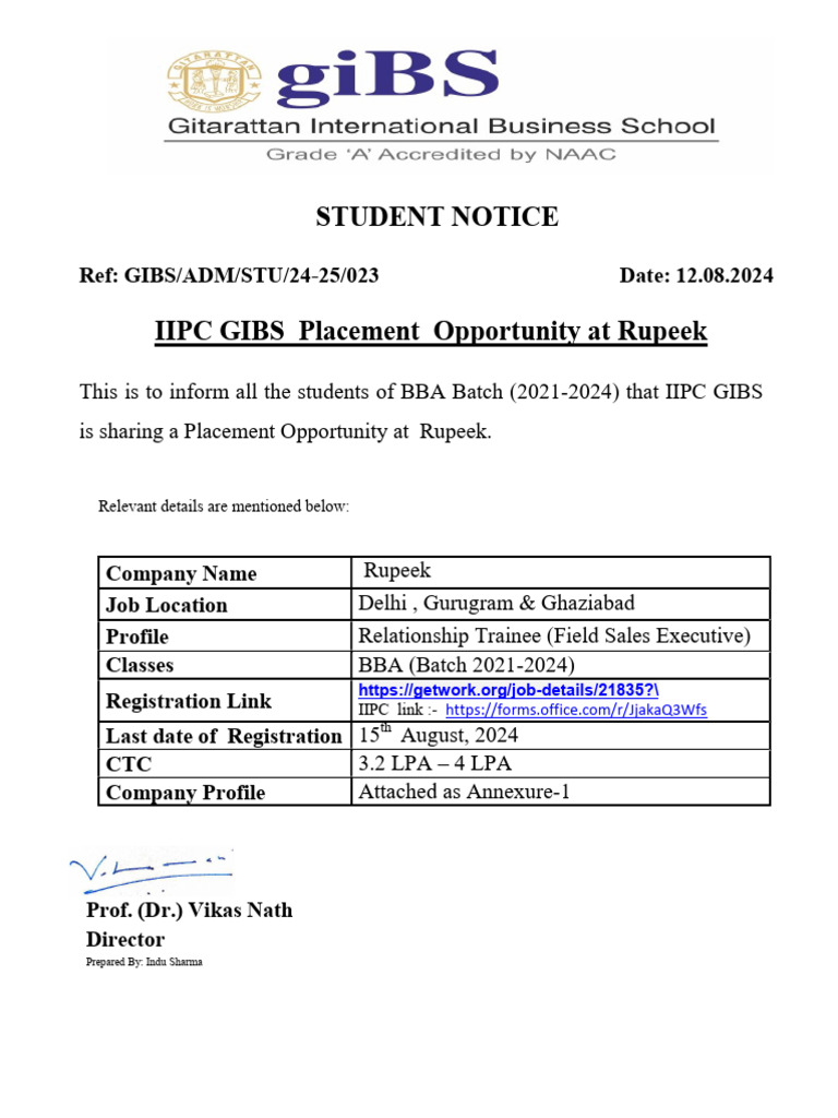 023-IIPC - GIBS Placement at Rupeek for BBA (2021-2024), MBA & MBA IB | PDF