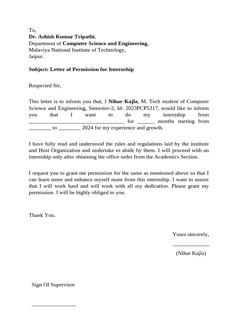 Internship Permission letter format MTech | PDF