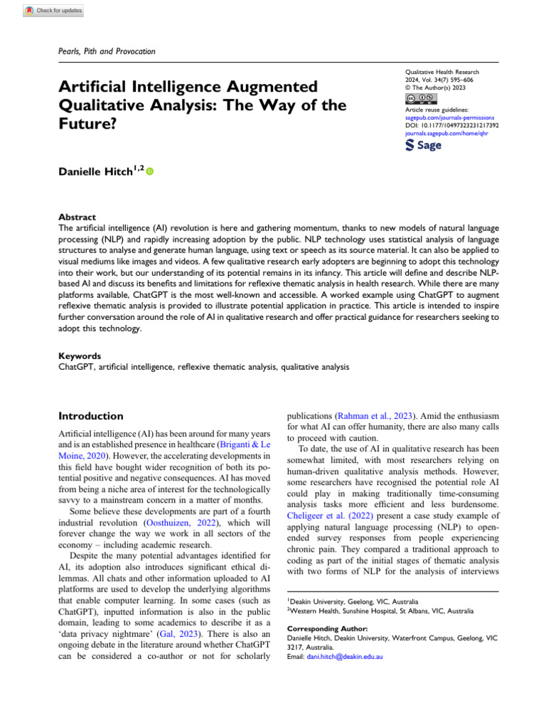 Hitch 2023 Artificial Intelligence Augmented Qualitative Analysis The Way of The Future | PDF