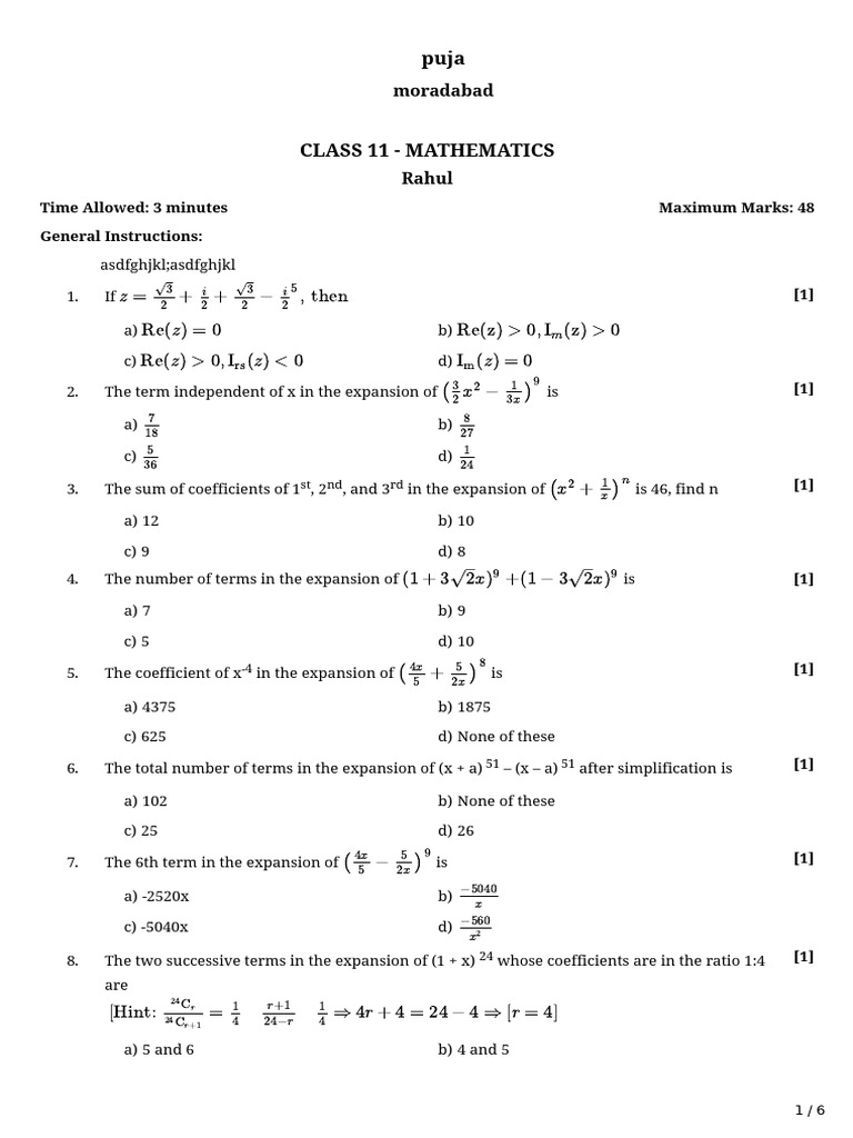 Class 11 Chapter 7 Binomial Theorem Question-243874 | PDF | Mathematics