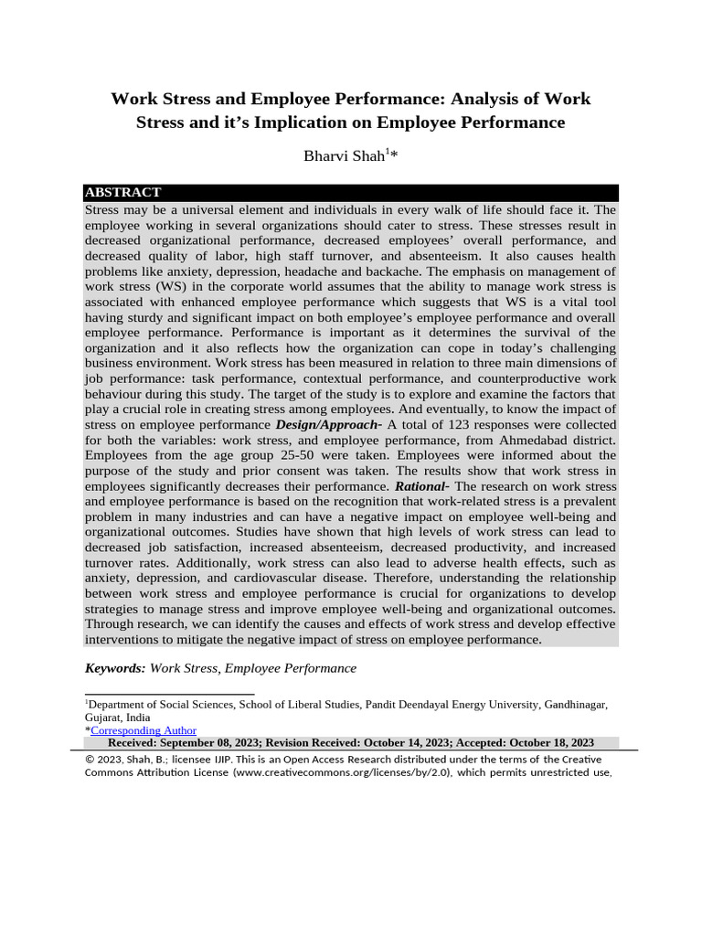 Work Stress and Employee Performance: Analysis of Work Stress and It's ...