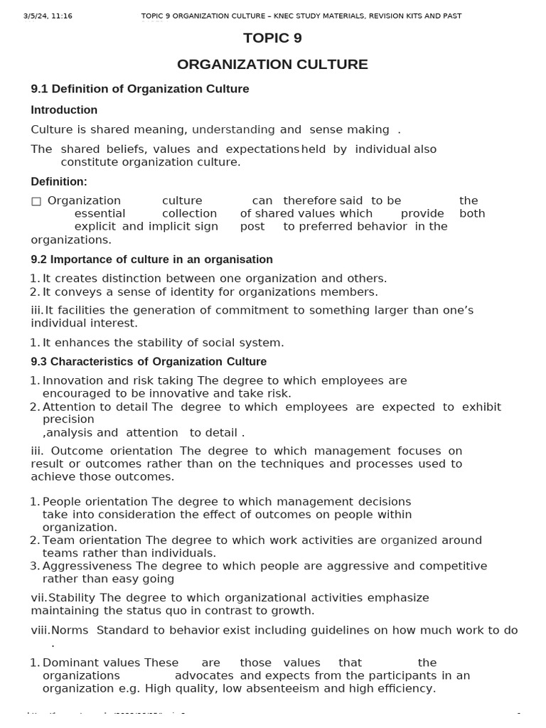 Topic 9 Organization Culture - Organizational Theory & Behavior | PDF