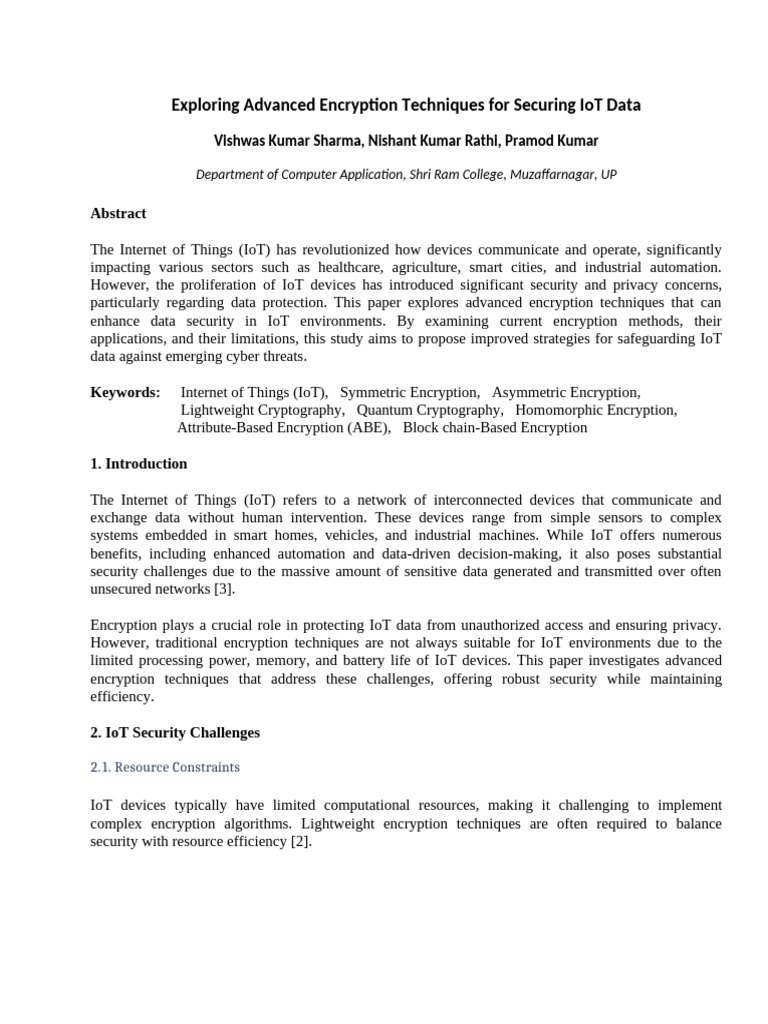 Exploring Advanced Encryption Techniques For Securing IoT Data | PDF