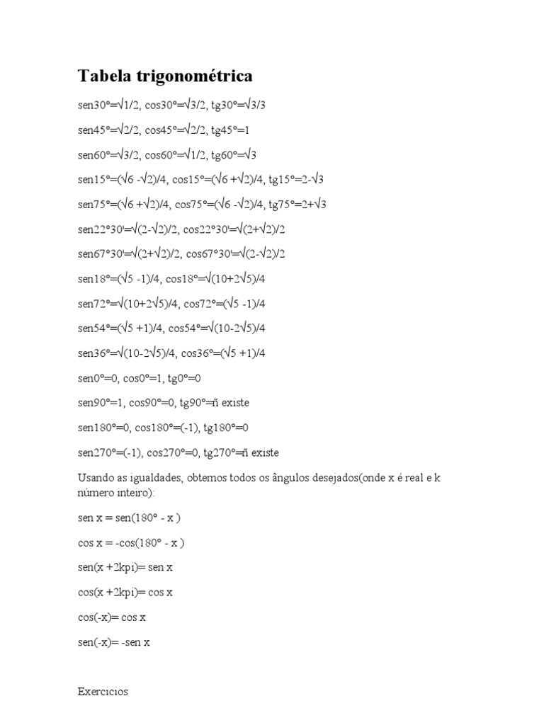 Tabela Trigonométrica | PDF | Geometria Elementar | Espaço