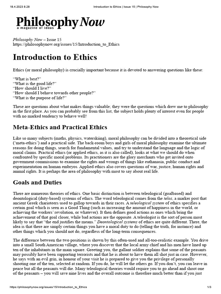 Introduction To Ethics: Meta-Ethics and Practical Ethics | PDF
