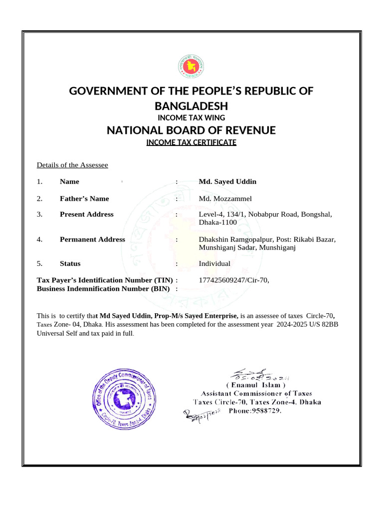 Income Tax Certificate for Md. Sayed Uddin | PDF