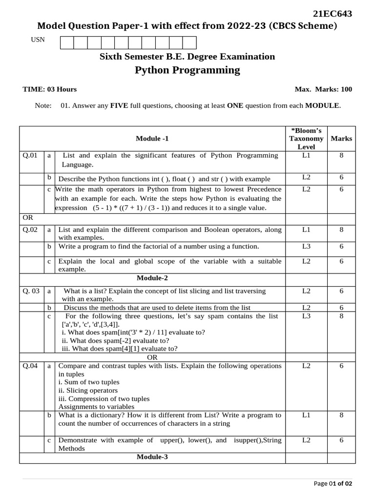 Python Programming - Model QP 1 - 21EC643 | PDF