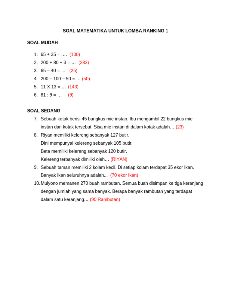 Soal Matematika Untuk Lomba Ranking 1 | PDF