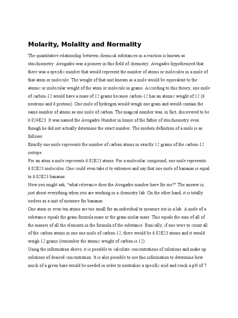Molarity, Molality and Normality | PDF | Mole (Unit) | Ion