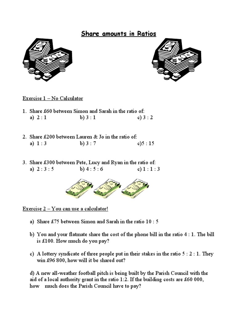 Sharing Amounts in Ratios Worksheet | PDF