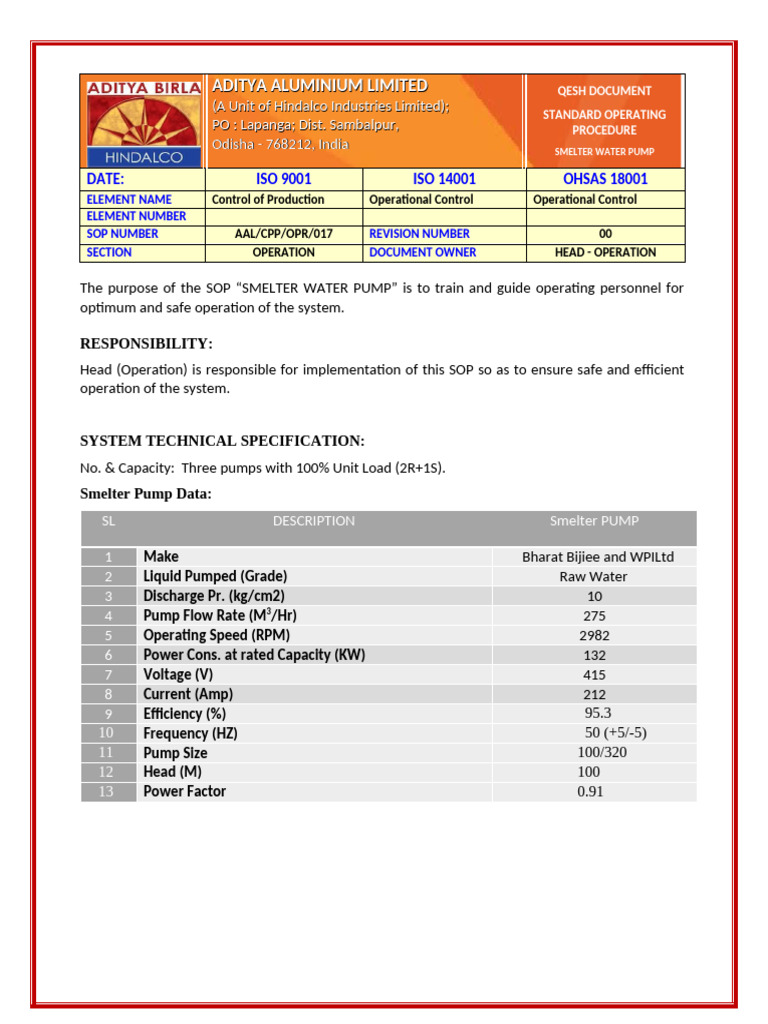 17-Smelter Water Pump - SOP | PDF