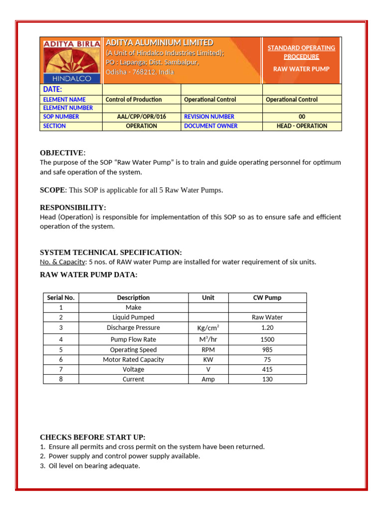 16-Raw Water Pump - SOP | PDF