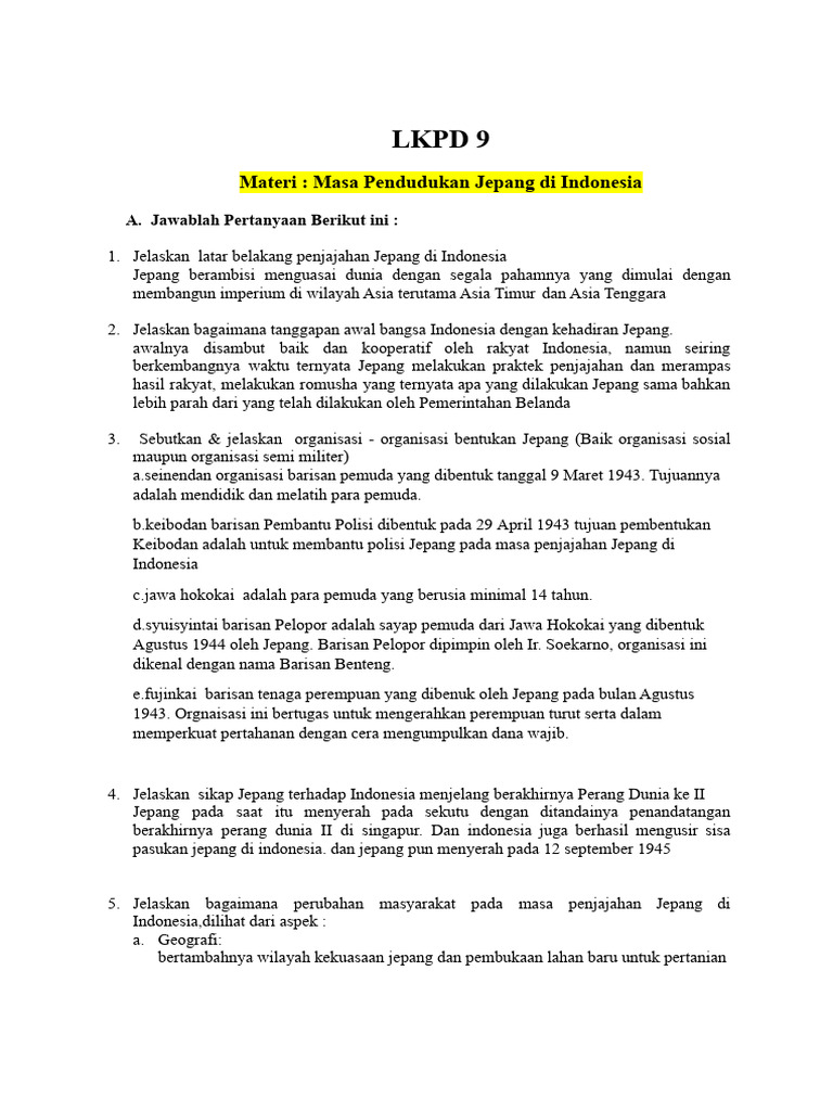 LKPD 9, Masa Pendudukan Jepang | PDF
