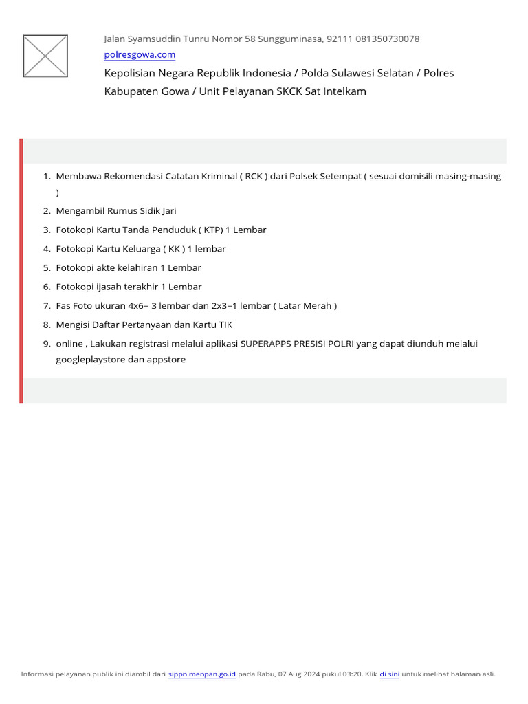 Unduh Standar Pelayanan - Pelayanan Surat Keterangan Catatan Kepolisian (SKCK) | PDF