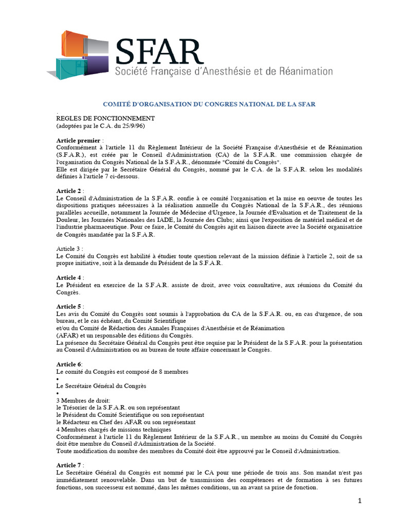 SFAR Regles de Fonctionnement Comite Organisation Congres | PDF