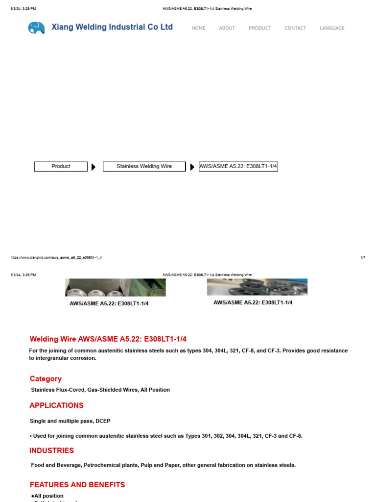 AWS - ASME A5.22 - E308LT1-1 - 4 Stainless Welding Wire | PDF