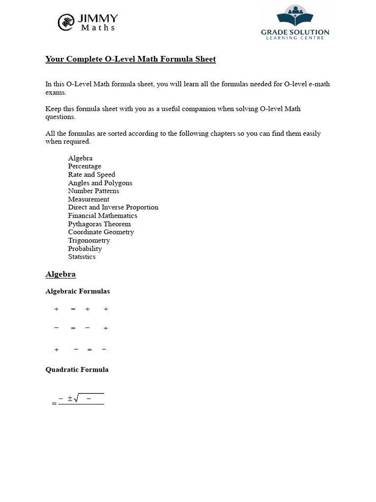 Your Complete O-level Math Formula Sheet | PDF