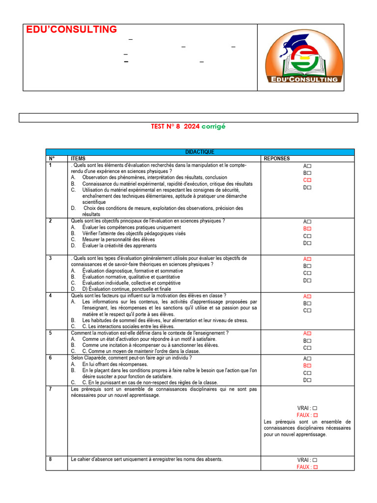EVALUATION DU MODULE N°4 SESSION Aout 2024-CONCOURS PRO IES PHYSIQUE ...