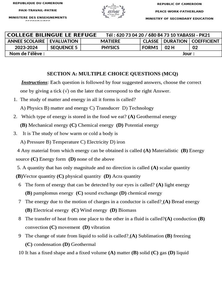 Physics Form 1 End Sequence 2023-2024 | PDF