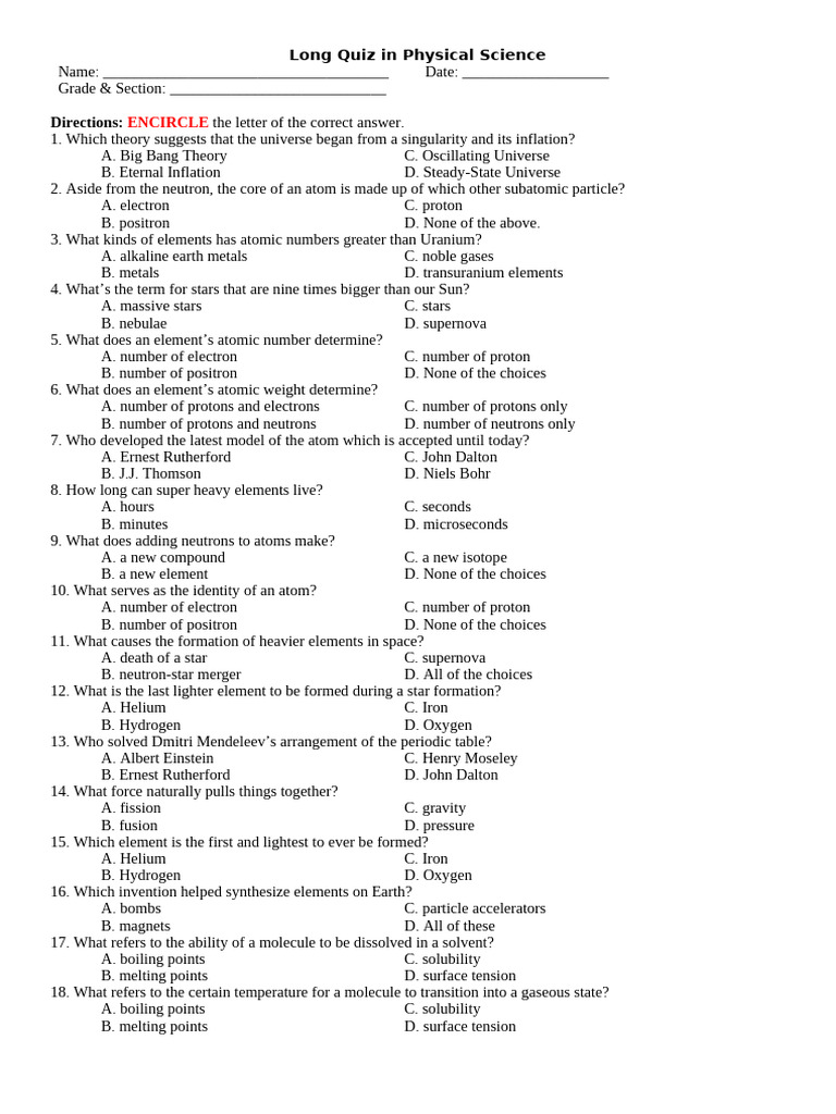 Long Quiz Physical Science | PDF