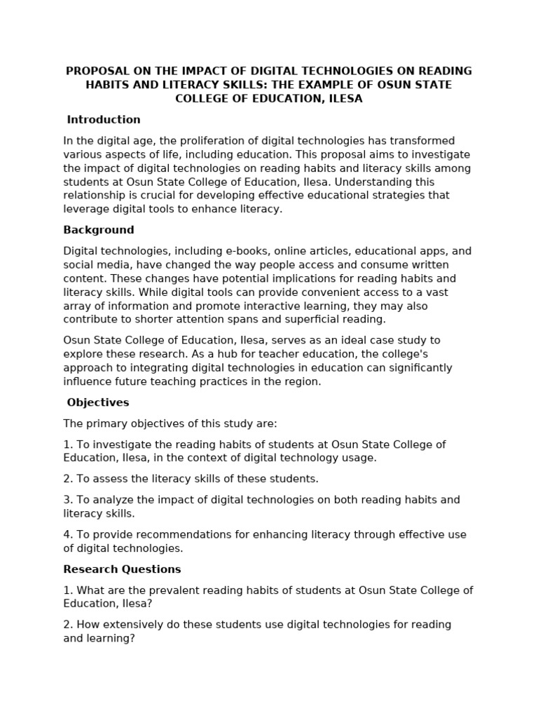 Proposal On The Impact of Digital Technologies On Reading Habits and Literacy Skills | PDF