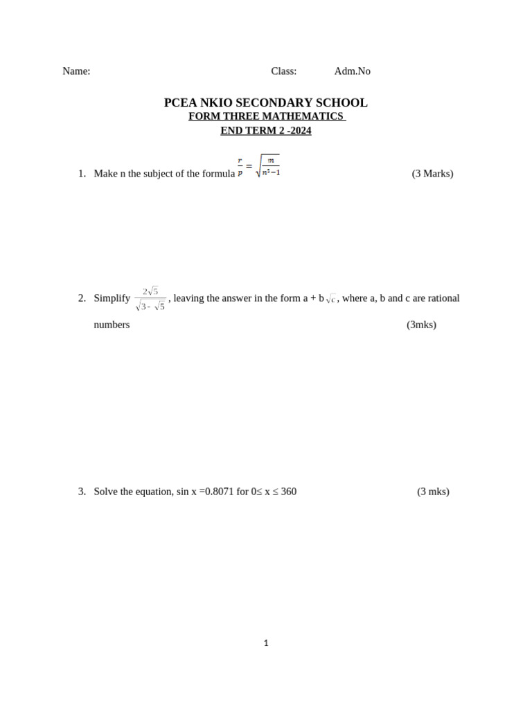 Math Form 3 End Term 2 | PDF