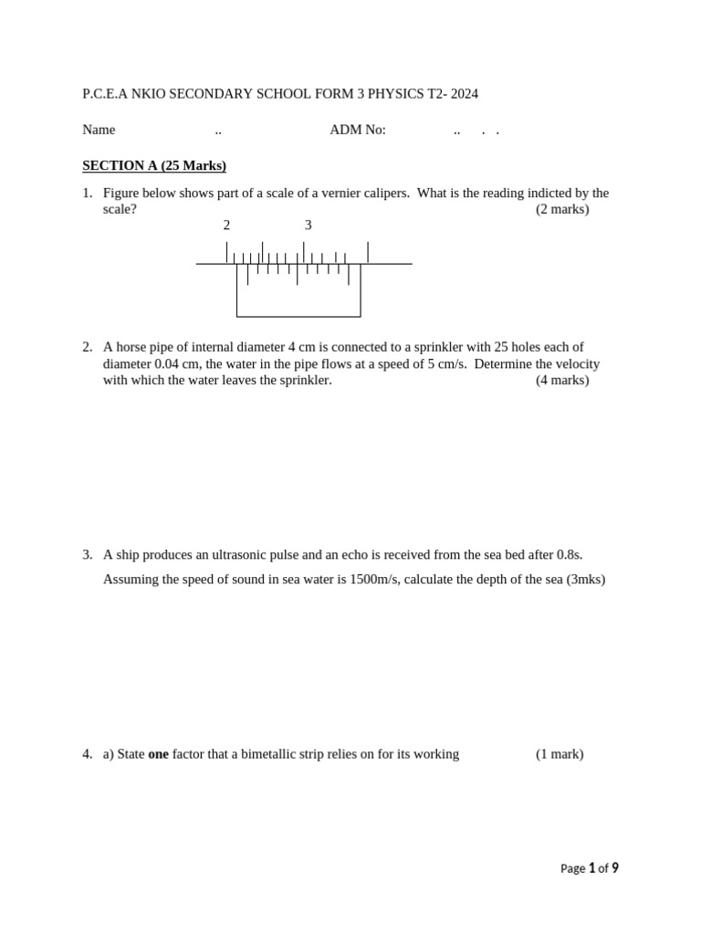 Form 3 physics End Term 1 -2024 | PDF