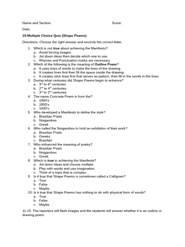 Quiz Shape Poems | PDF