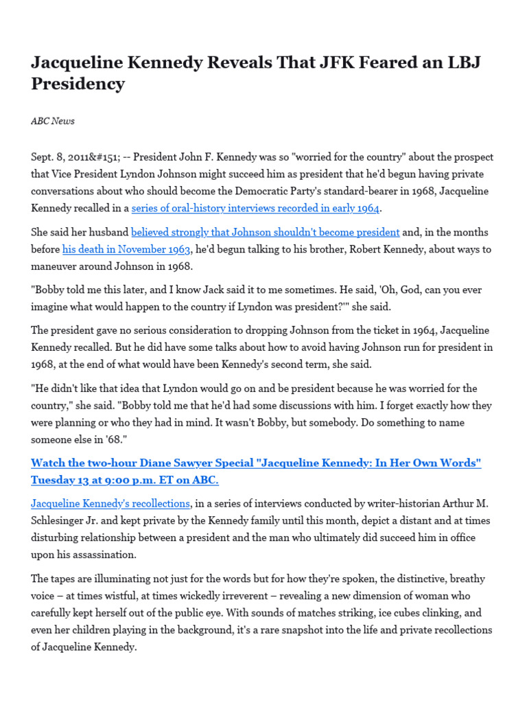 Jacqueline Kennedy Reveals That JFK Feared An LBJ Presidency - ABC News | PDF