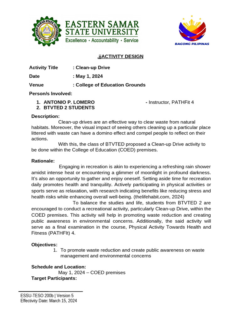 ACTIVITY DESIGN Pathfit | PDF