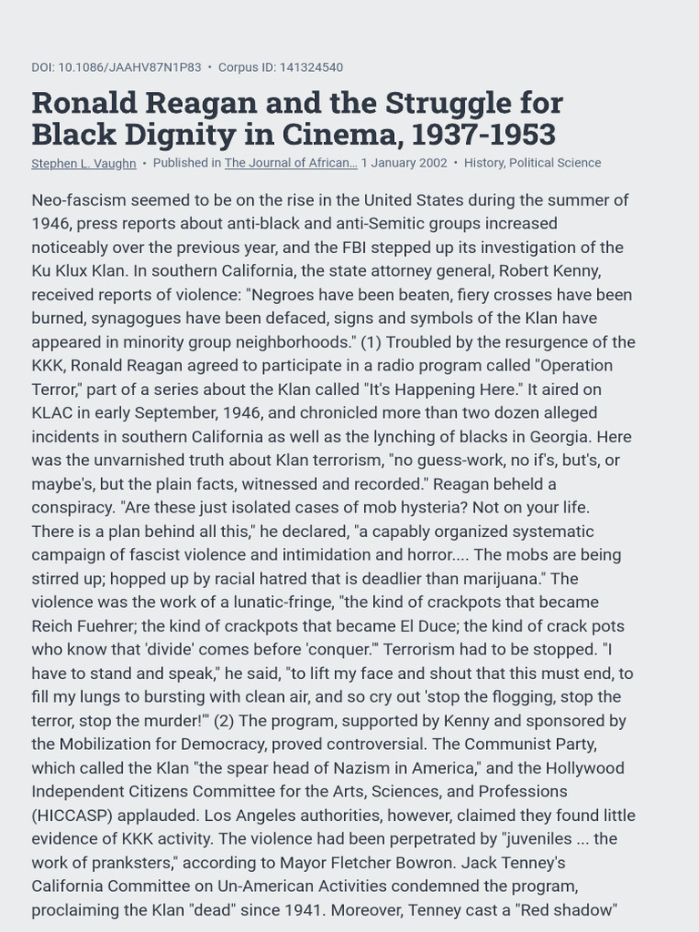 Ronald Reagan and the Struggle for Black Dignity in Cinema, 1937-1953 ...