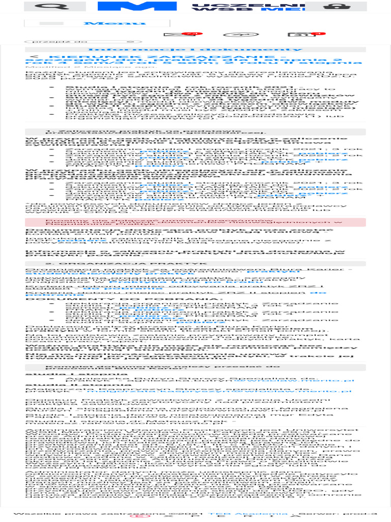KIERUNEK ZARZĄDZANIE - Szczegóły Dot. Praktyk Dla I Stopnia 2 Rok 4 ...