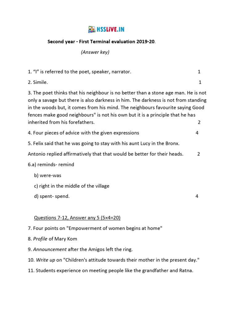 Hsslive-XII-Term-1-Aug-2019-English Key | PDF