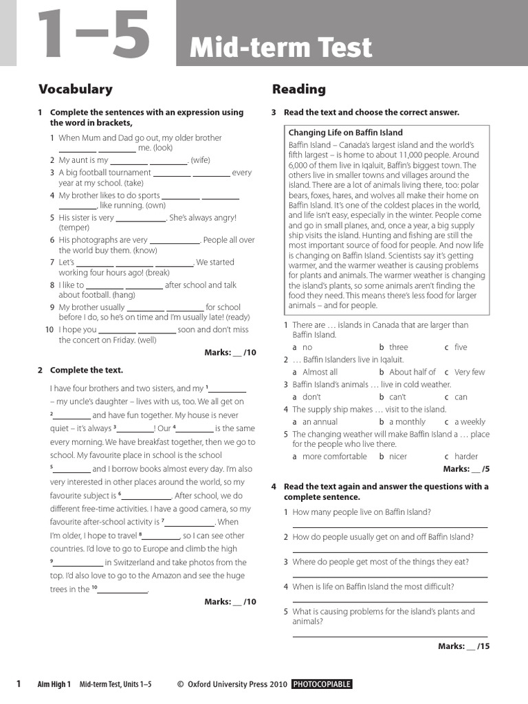 Aim High 1 Mid-Term Test | PDF