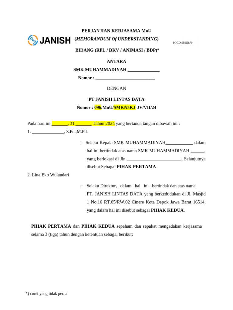 MoU SMK Muhammadiyah - PT. JANISH LINTAS DATA | PDF