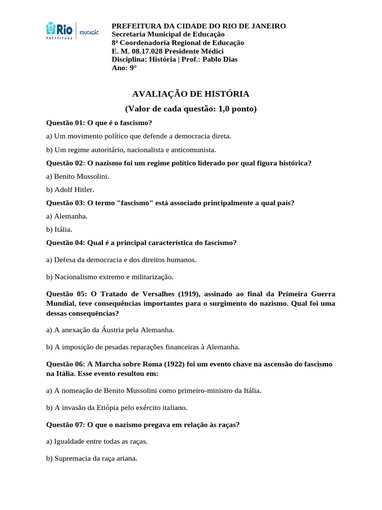 Prova A 3 Bim 1904-1905 | PDF