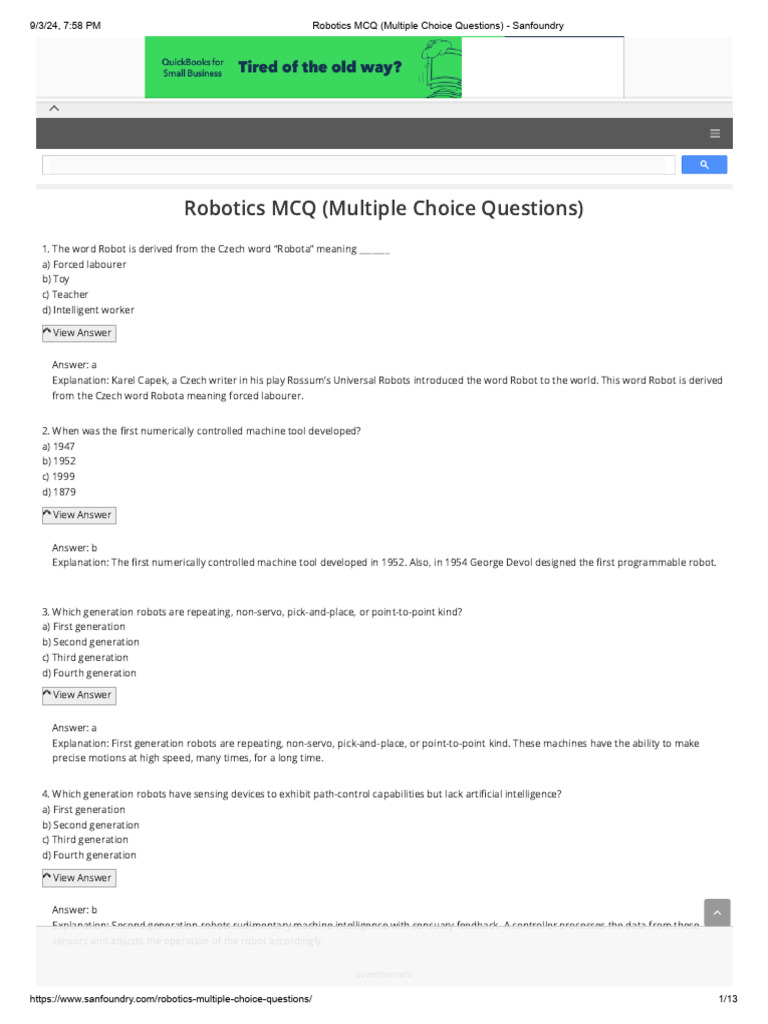 Robotics MCQ (Multiple Choice Questions) - Sanfoundry | PDF