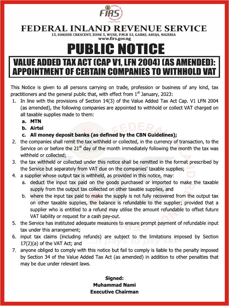 Firs Vat Withholding Notice - Telcos Banks | PDF