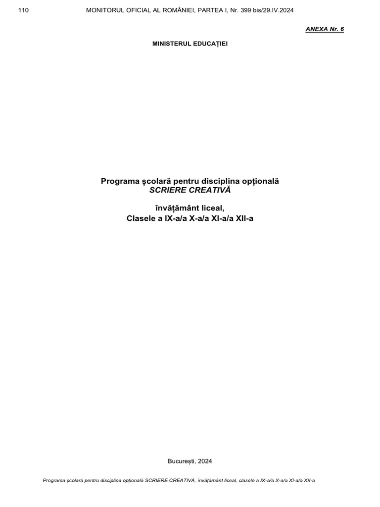 Programa Scolara Pentru Disciplina Optionala SCRIERE CREATIVA | PDF