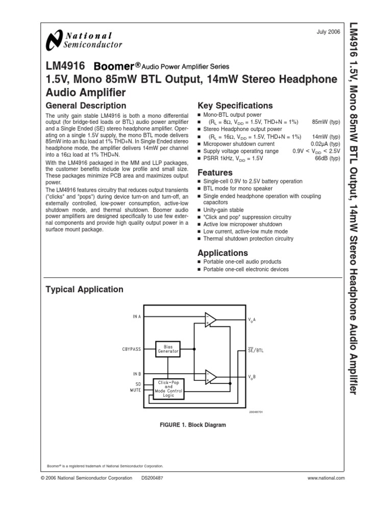 LM4916 1.5V, Mono 85mW BTL Output, 14mW Stereo Headphone Audio ...