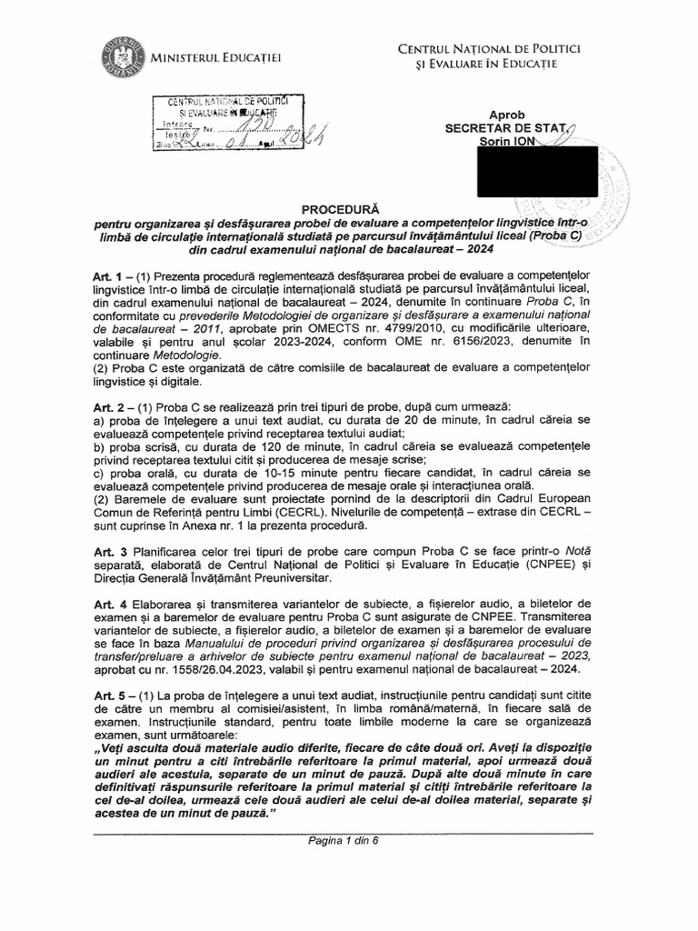 Procedura Proba C Bac2024 | PDF