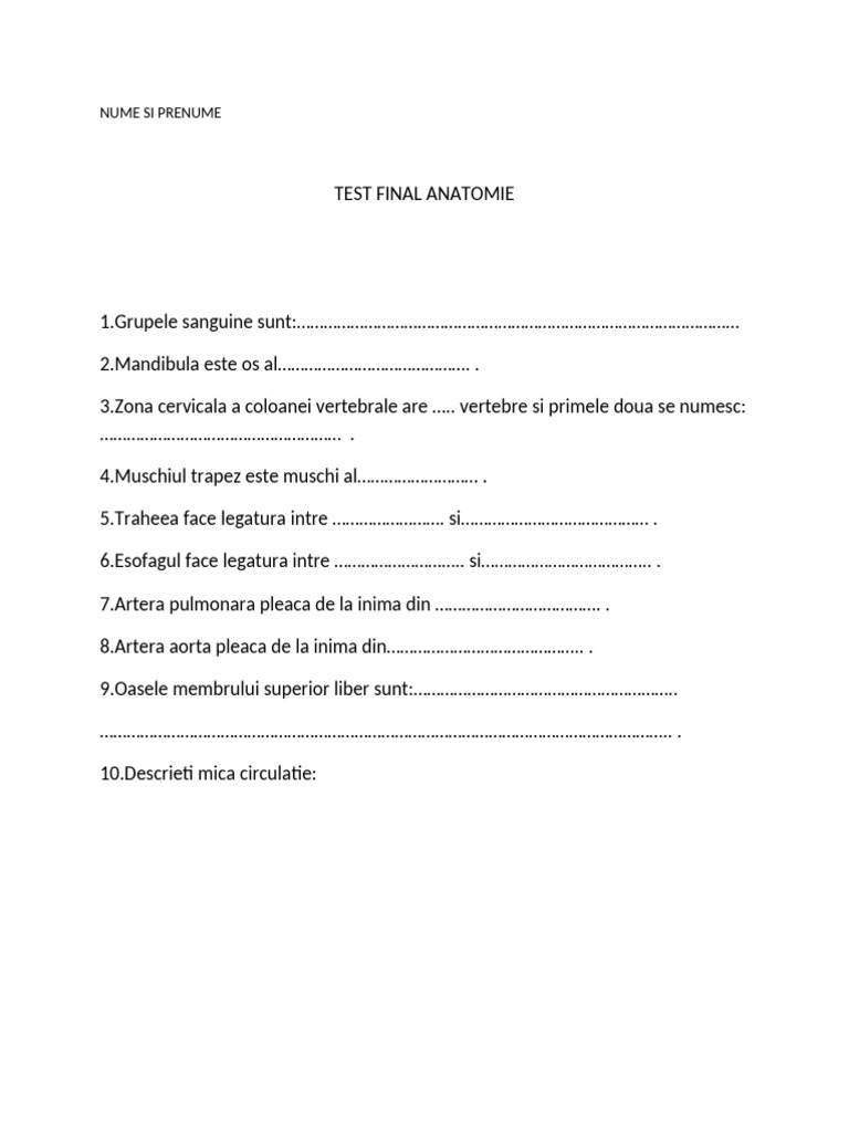 Test Final Anatomie Anul I Farmacie | PDF