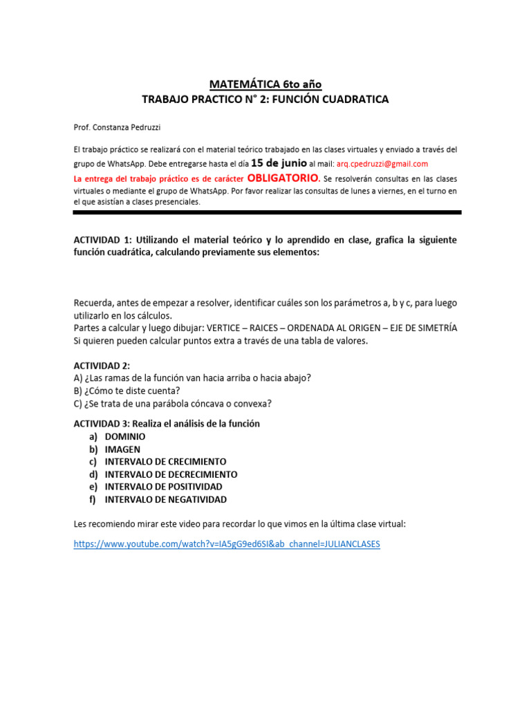 MATEMÁTICA 6to Año - CUADRATICA | PDF