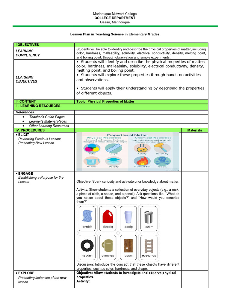 Lesson-PLan - Physical Properties of Matter 2 | PDF | Matter | Science ...